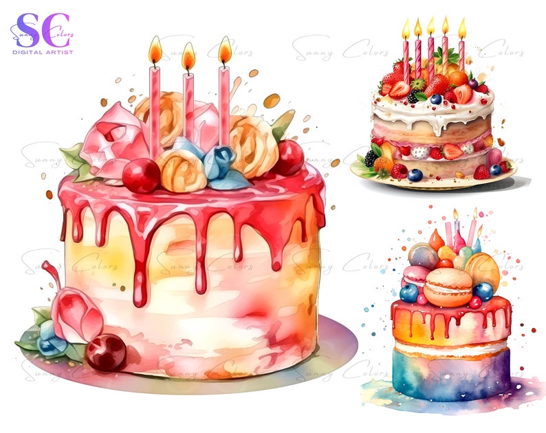 Watercolor Birthday Cakes Clipart Bundle, 15 High Quality Jpgs ...