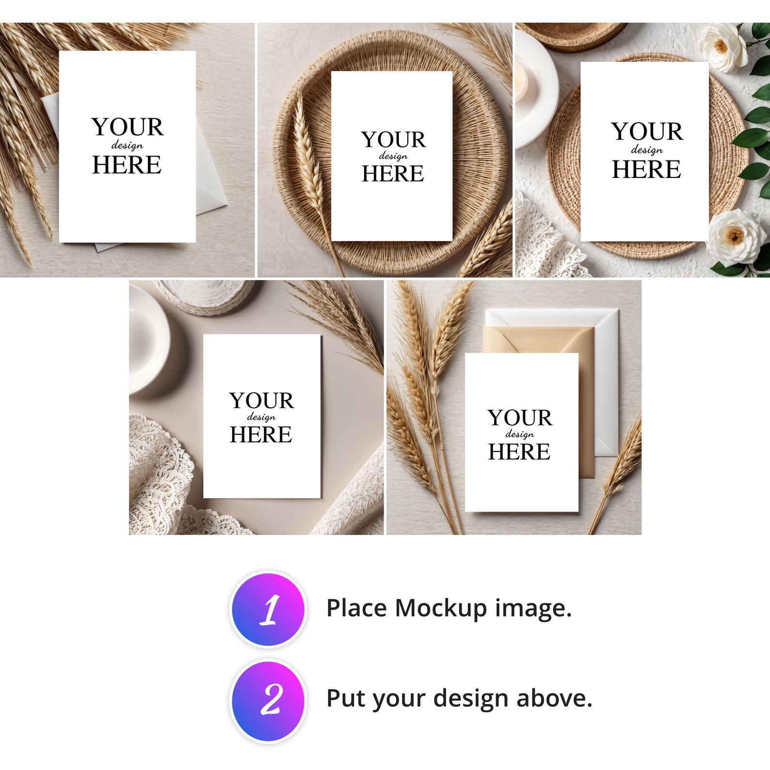 5 Invitation Boho Mockups, Card Mockup Bundle, 5x7 Mockups, Invite ...