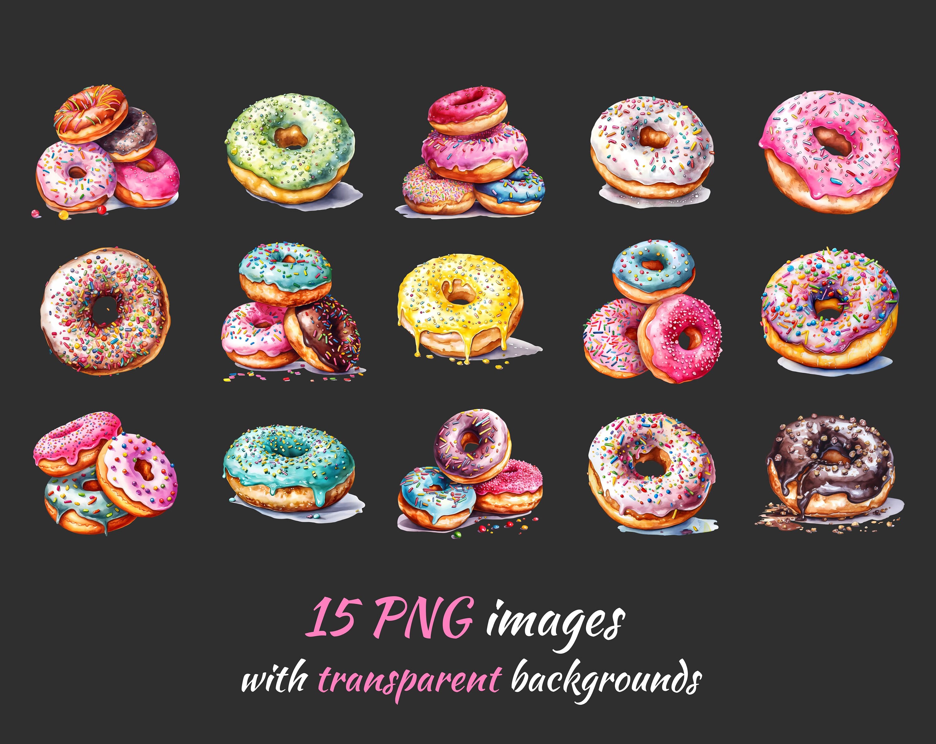 Donut Clipart Bundle 15 High Quality PNG Jpgs Watercolor - Etsy