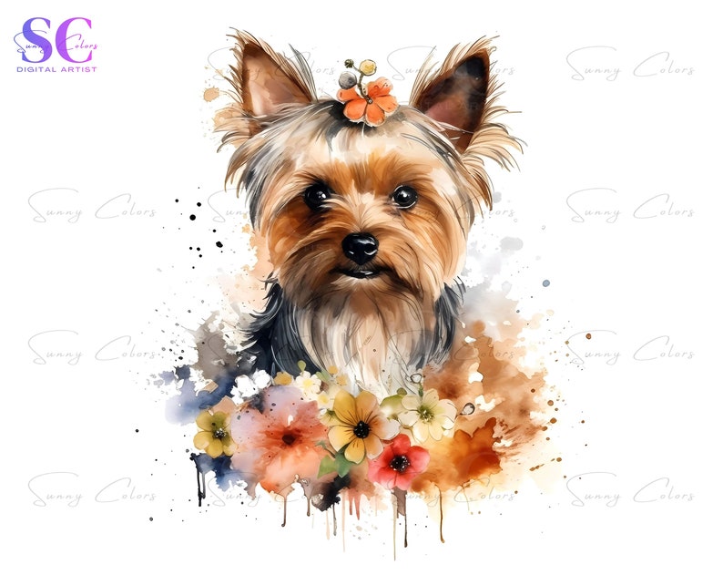 Yorkshire Terrier With Wild Flowers Clipart Bundle, 15 High Quality ...