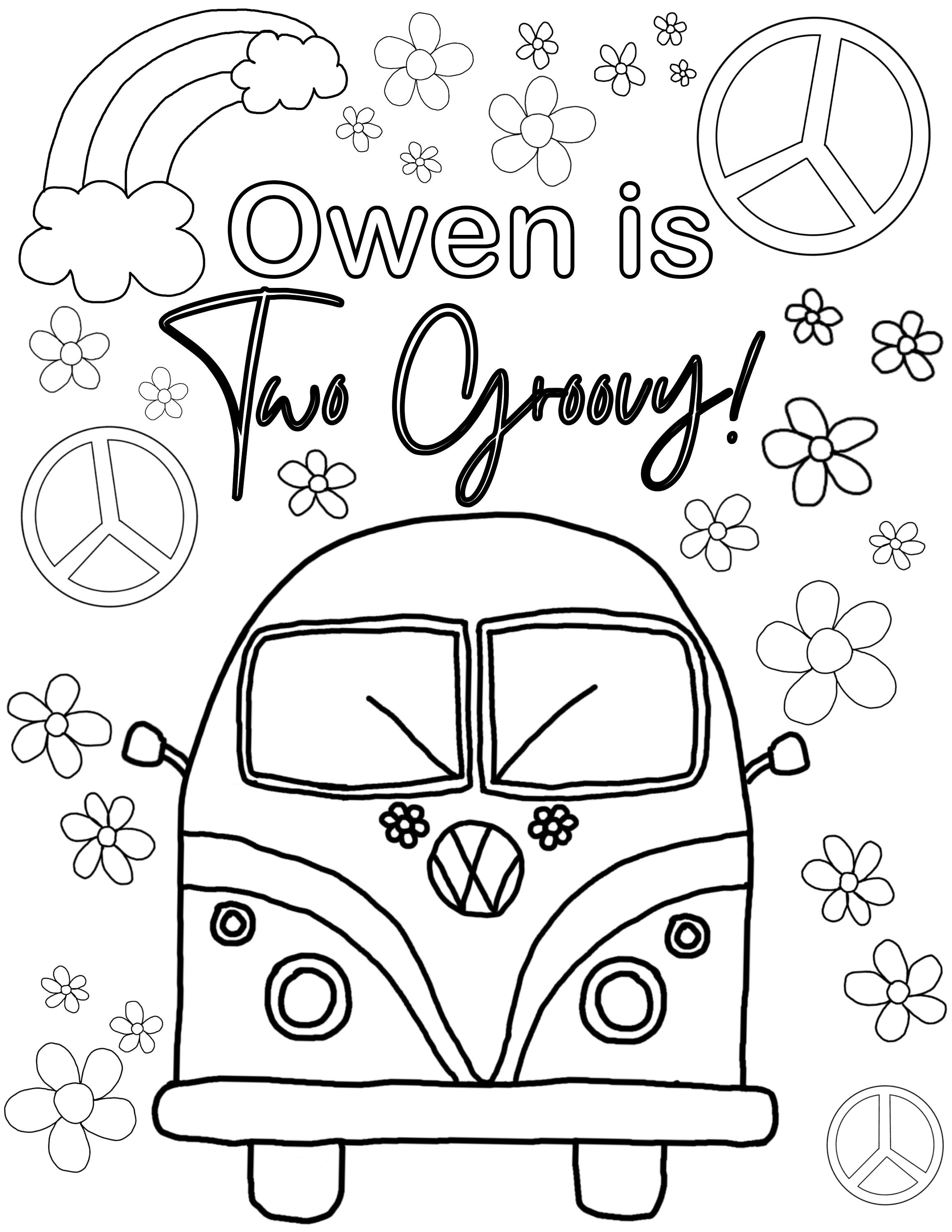 Personalized 70's Hand Drawn Coloring Page, Two Groovy Birthday, Young ...