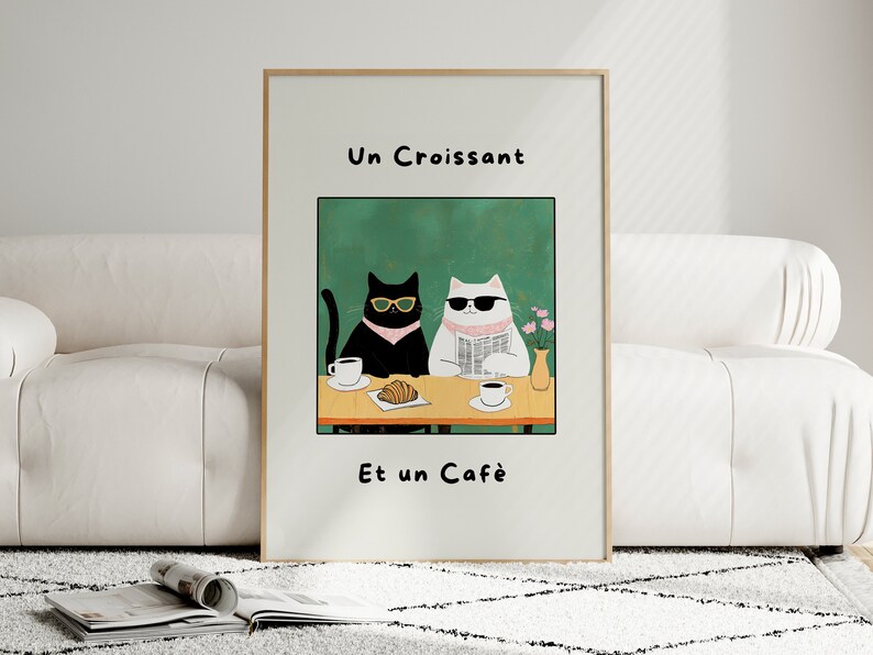 French Cafe Croissant Cat Print, Funny Cat Print, Un Croissant Cat ...