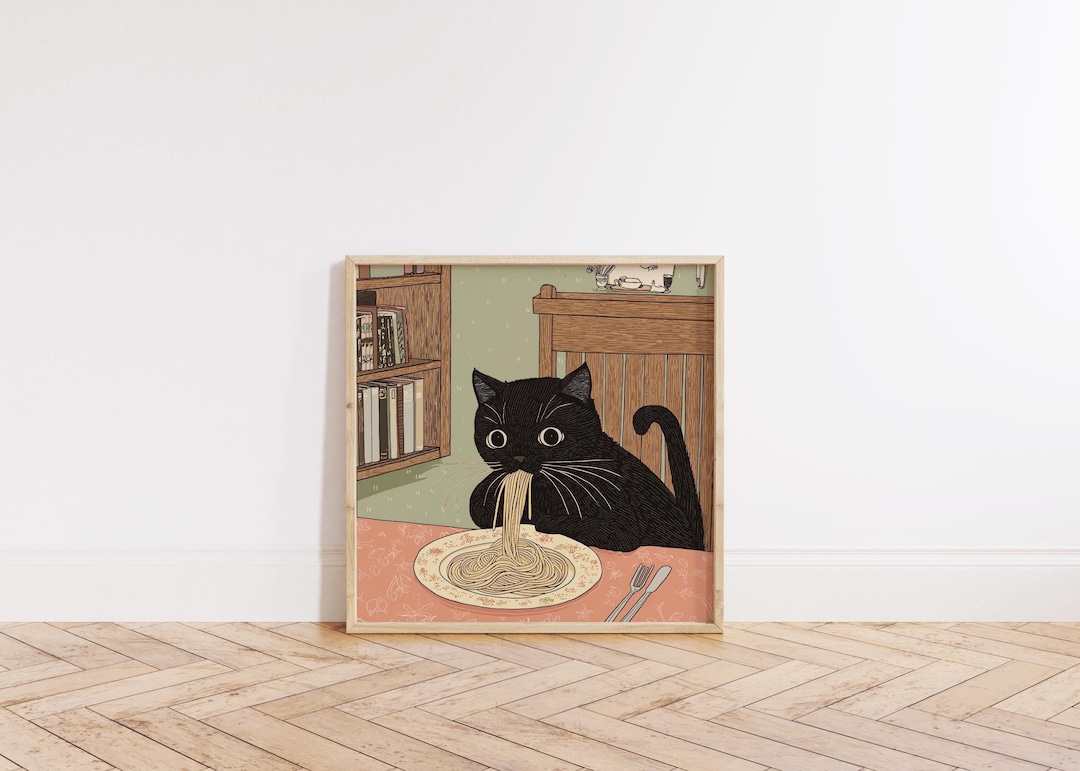 Cute Cat Eating Pasta, Colorful Poster Print, Black Cat Print, Cute ...