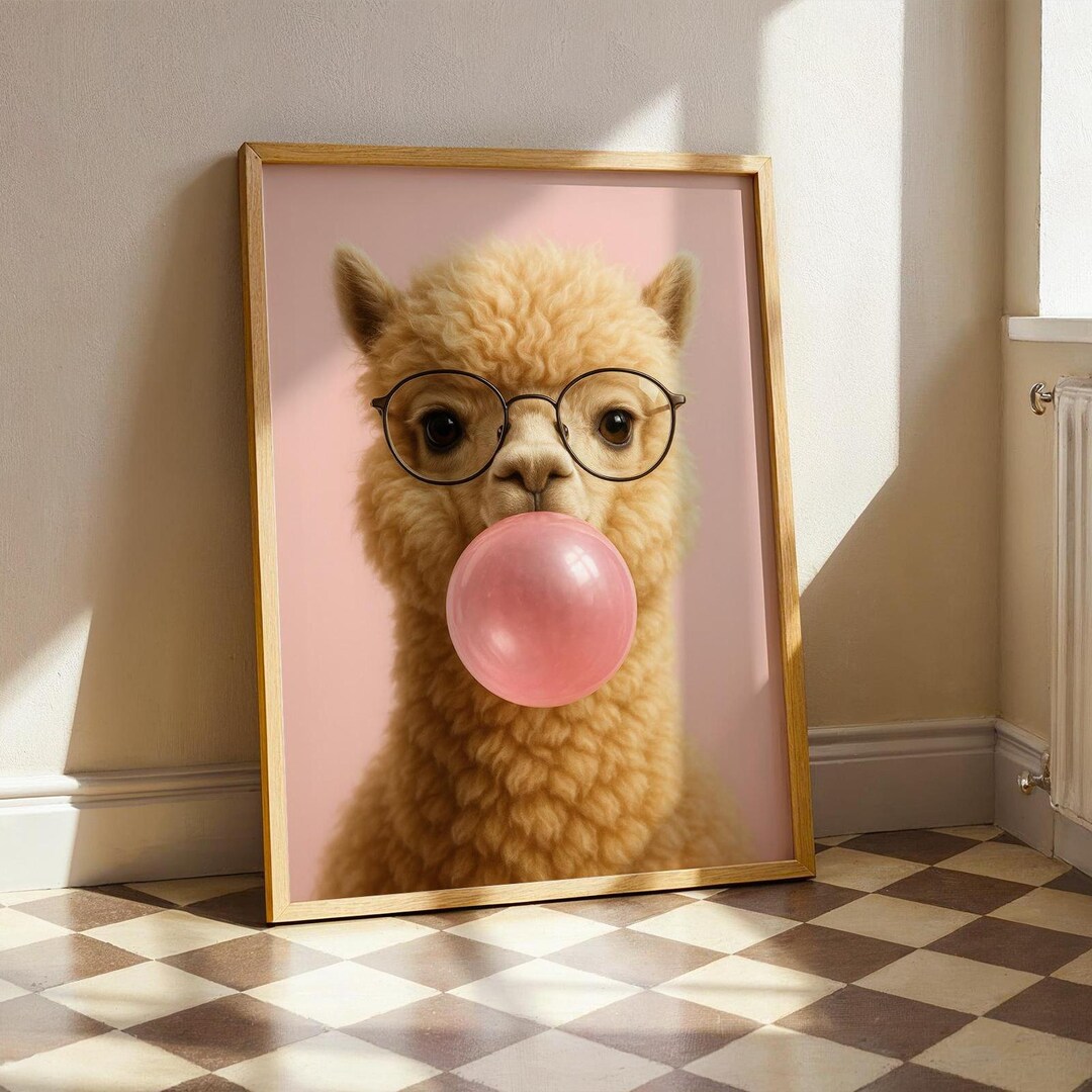 Funny Alpaca Poster – Cute Bubble Gum Wall Art, Quirky Animal Print ...