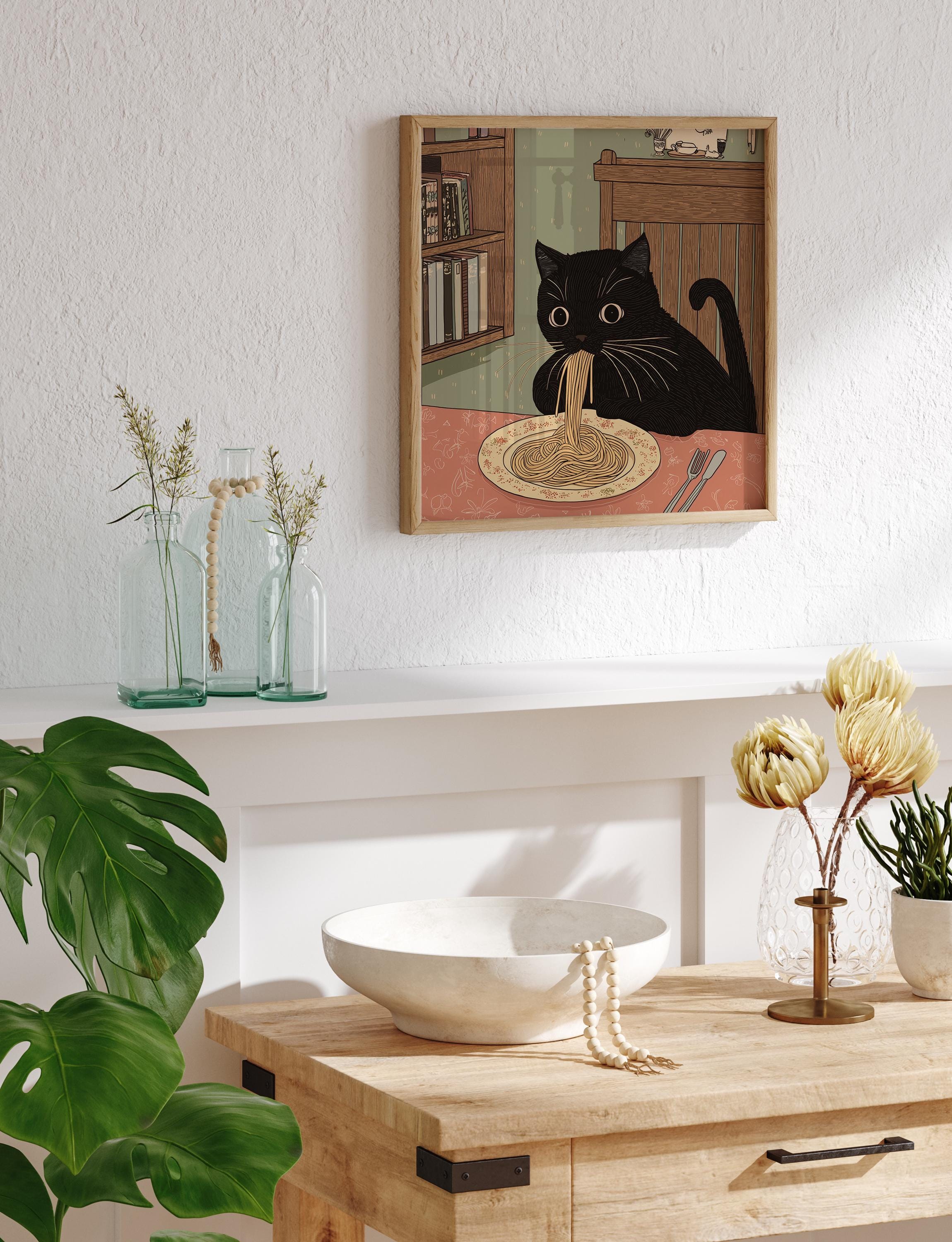 Cute Cat Eating Pasta, Colorful Poster Print, Black Cat Print, Cute ...