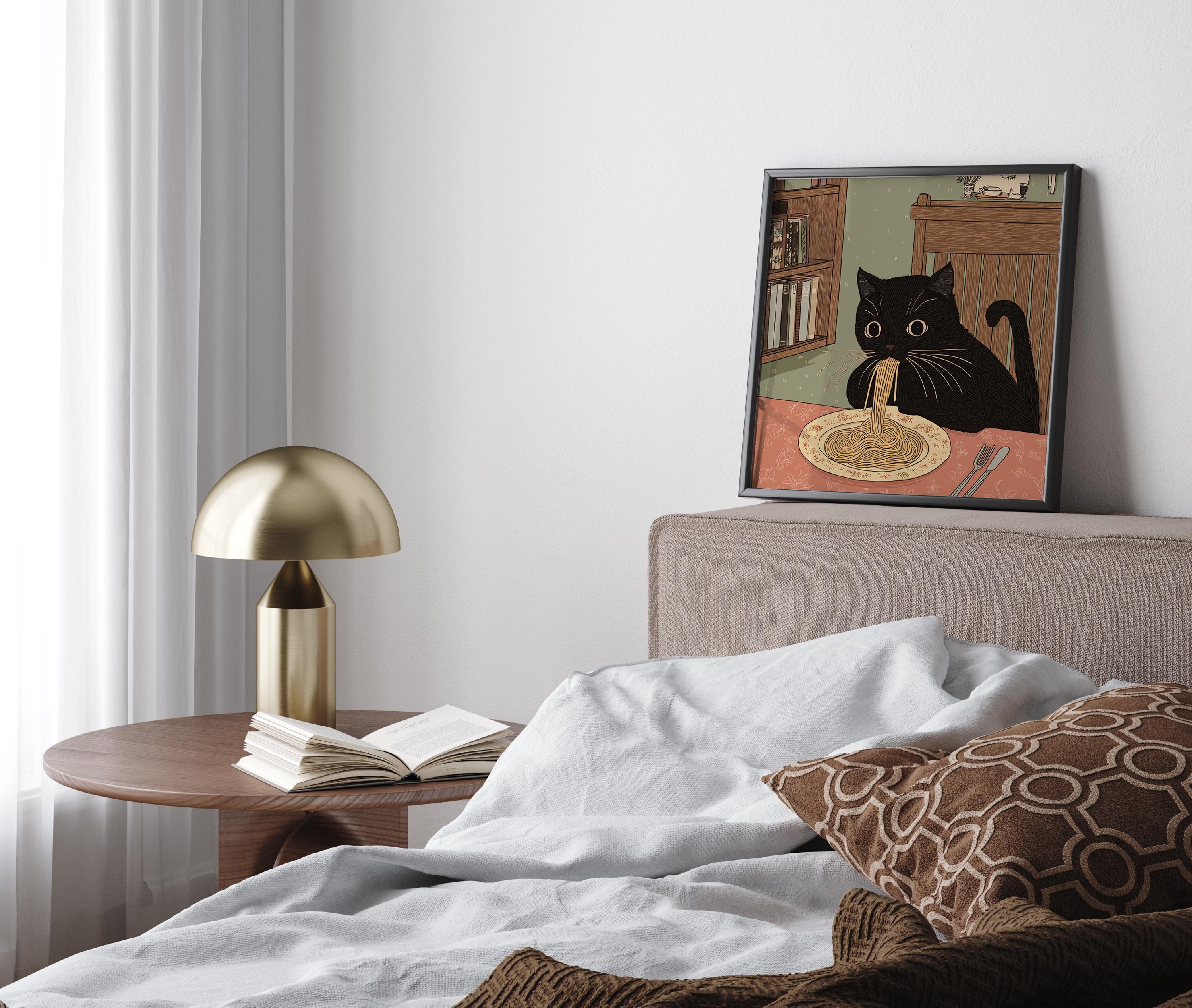 Cute Cat Eating Pasta, Colorful Poster Print, Black Cat Print, Cute ...