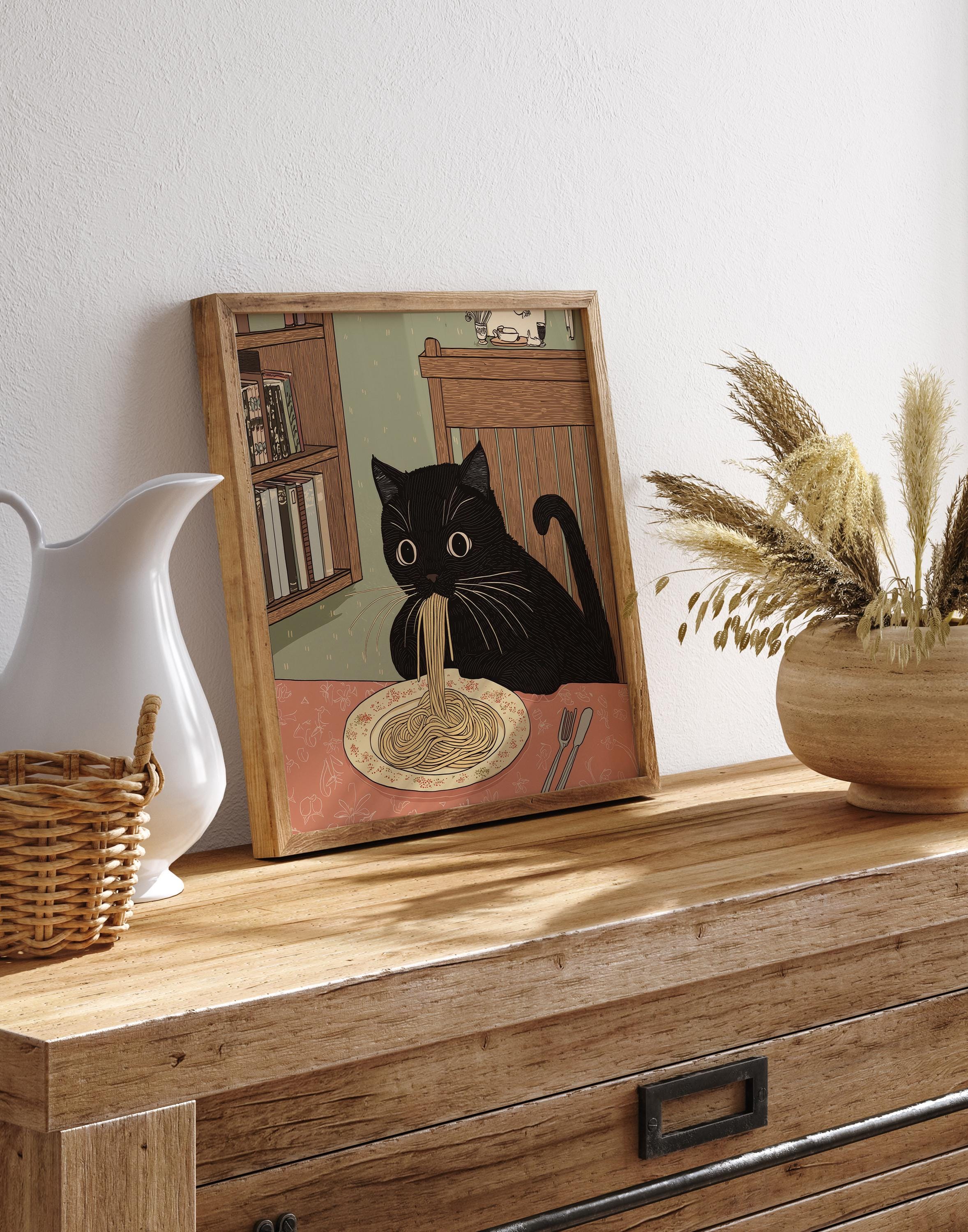 Cute Cat Eating Pasta, Colorful Poster Print, Black Cat Print, Cute ...