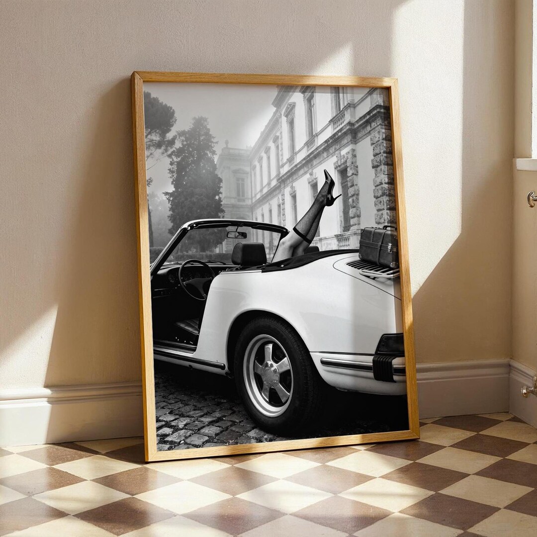 Woman in High Heels and Stockings Vintage Convertible Black and White ...