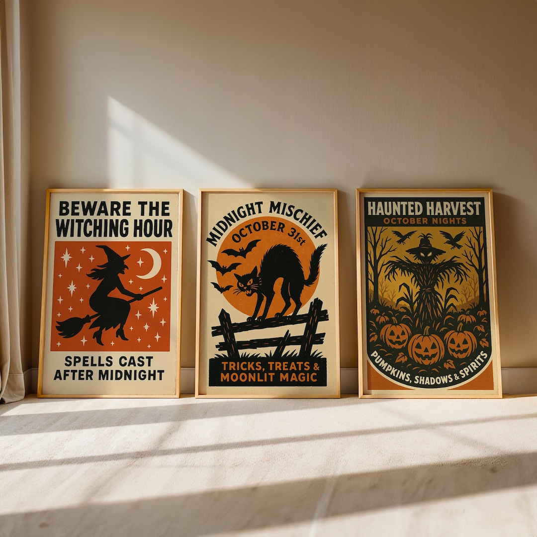 Vintage Halloween Poster Set: Witch, Cat, Pumpkin - Retro Spooky Art ...