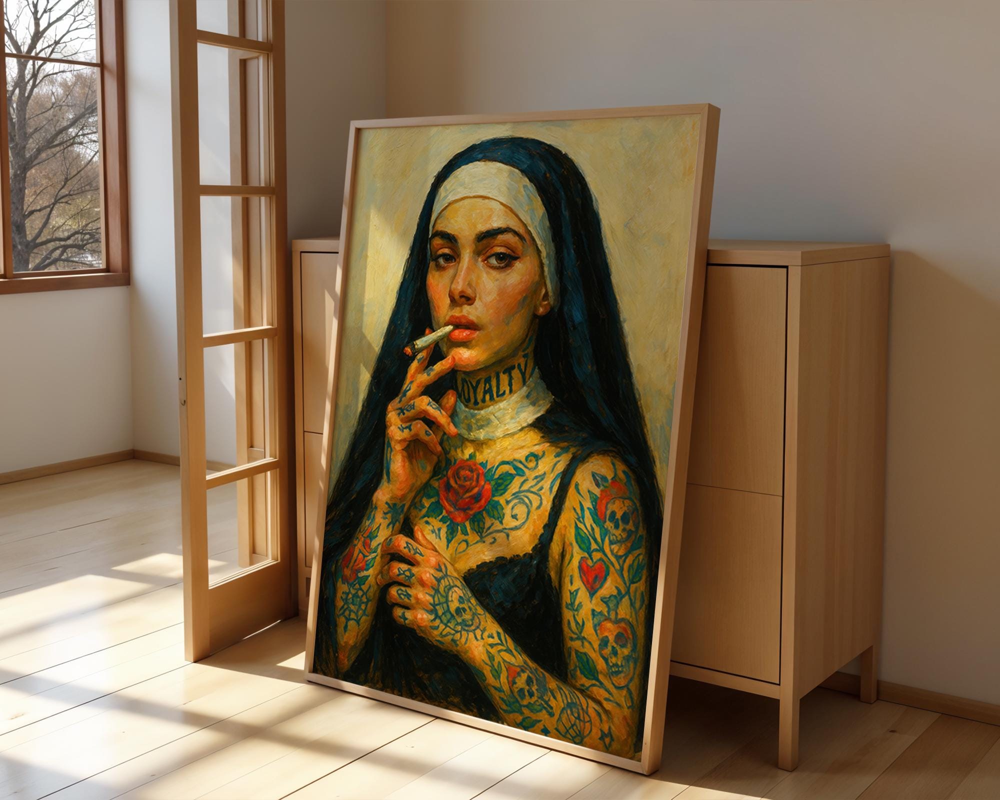 Tattoo Art Print, Tattooed Nun Traditional Artwork, Edgy Smoking Woman ...
