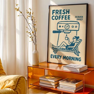 Fresh Coffee Poster – Blue Retro Coffee Print, Funny Coffee Wall Art ...