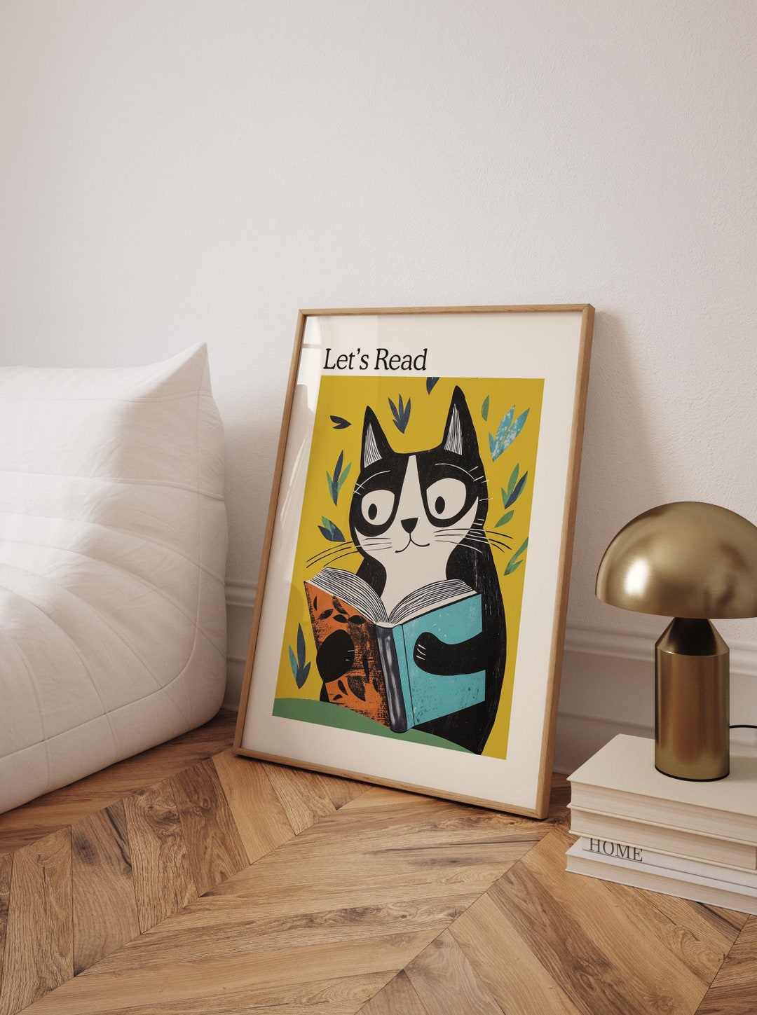 Kids Reading Poster, Let’s Read Retro Toddler Wall Art, Cat Reading ...