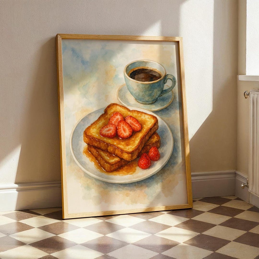 French Toast Breakfast Poster – Watercolor Coffee & Strawberry Kitchen ...
