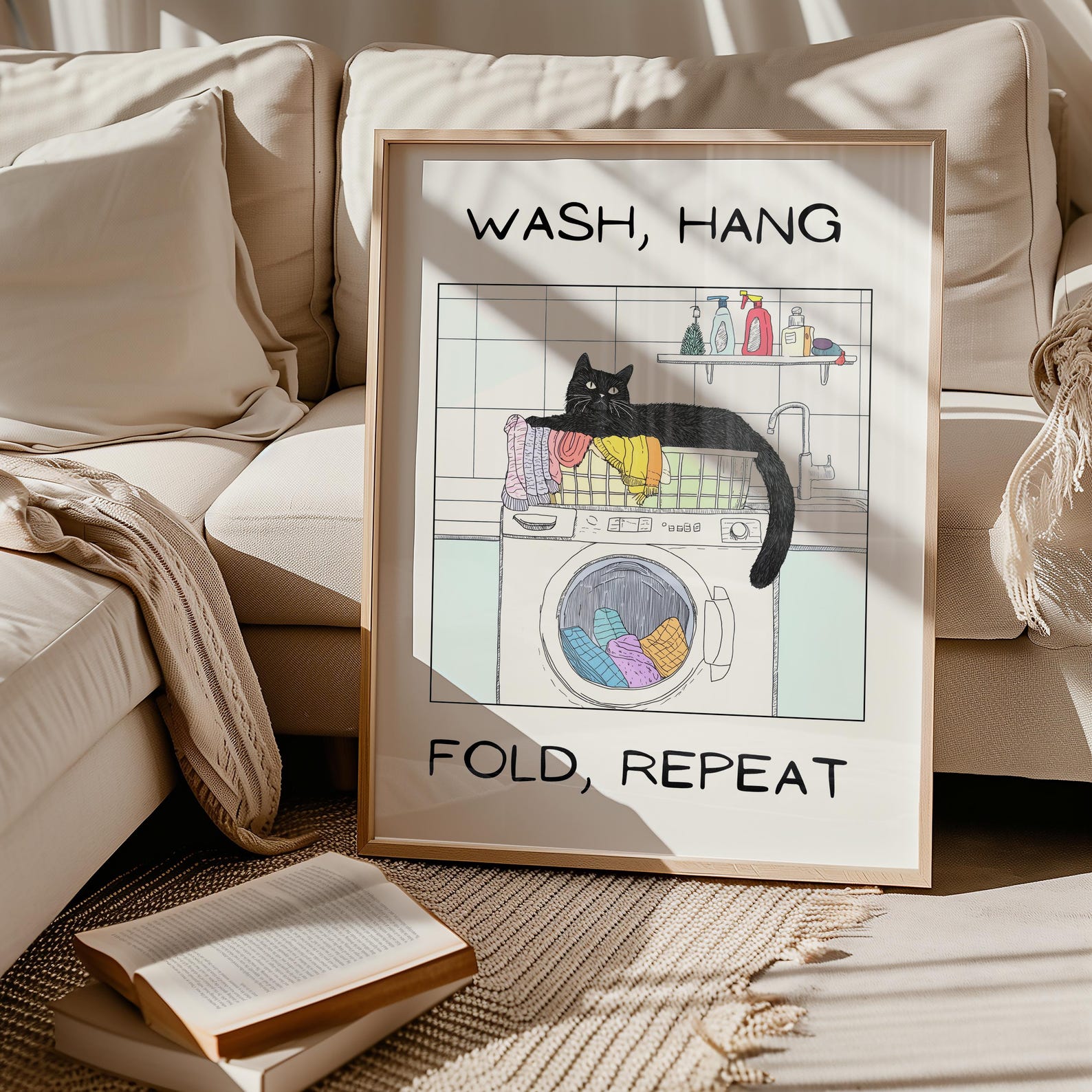Wash Hang Fold Repeat Cat Print, Cute Bathroom Poster, Laundry Room ...