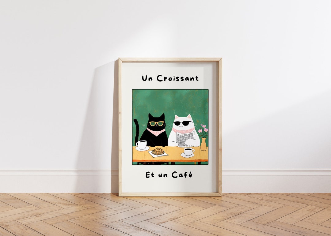 French Cafe Croissant Cat Print, Funny Cat Print, Un Croissant Cat ...