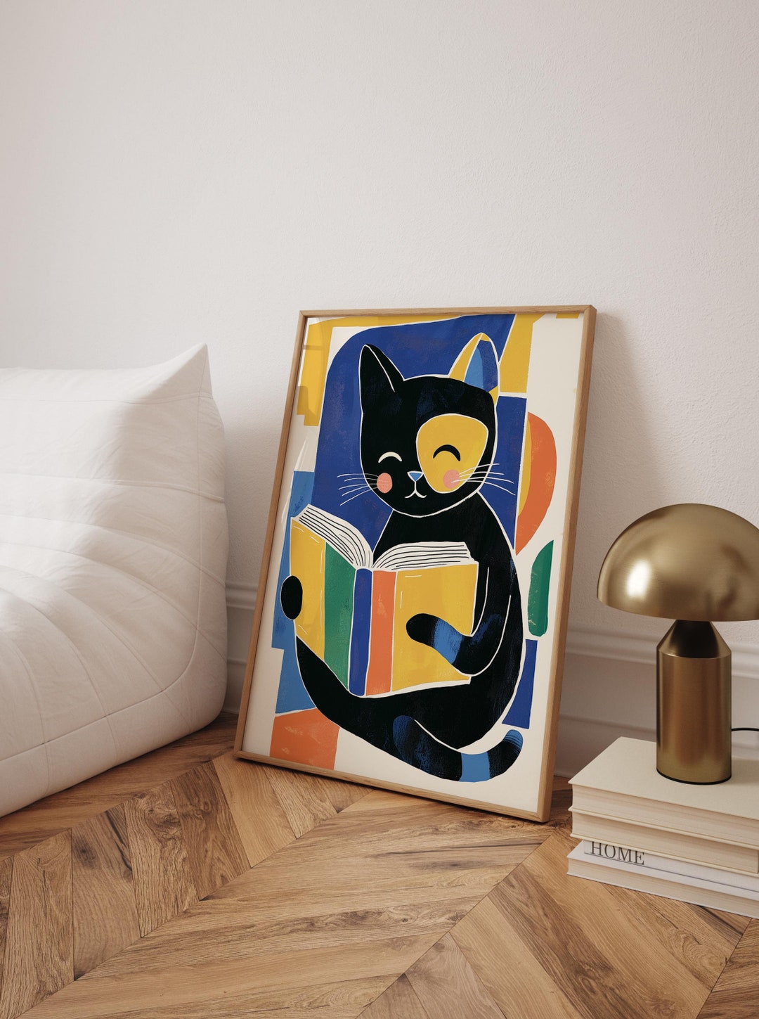 Cat Reading A Book Colorful Cute Art Print, Living Room Wall Art ...