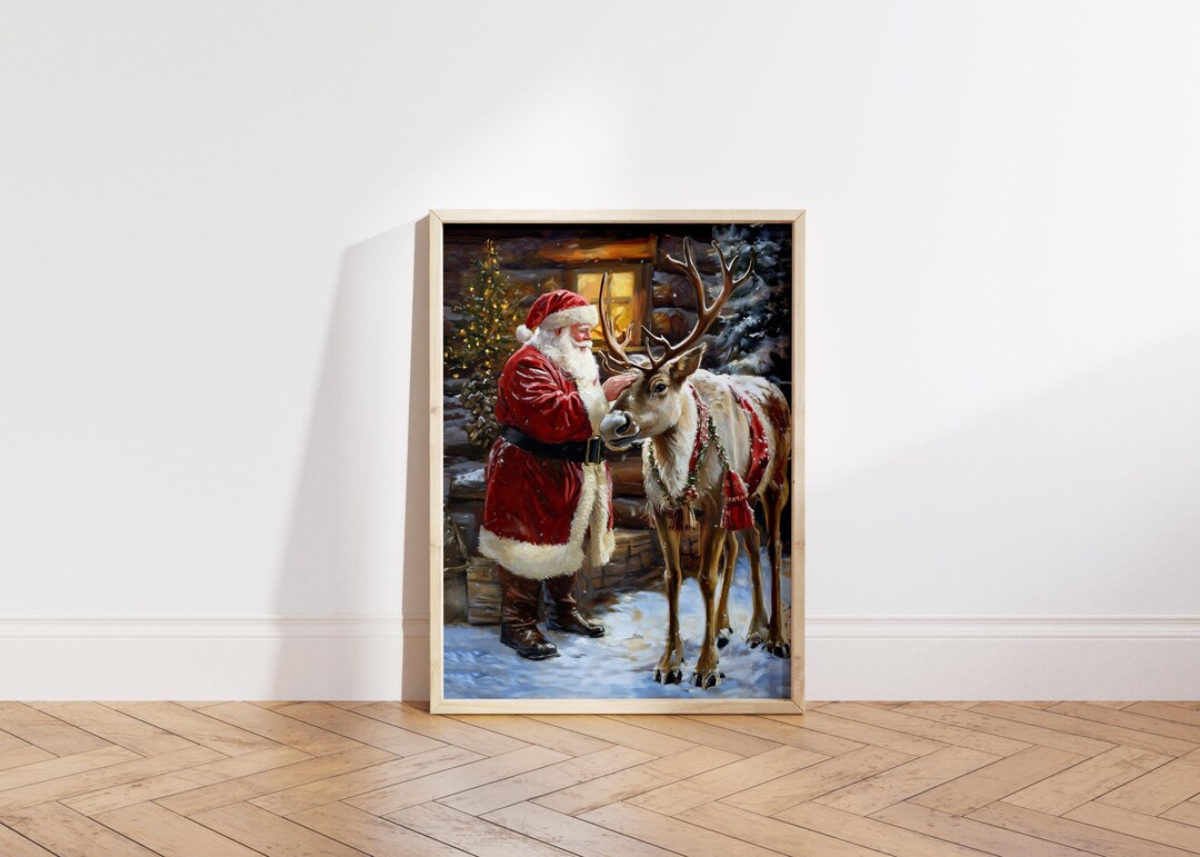 Santa With Reindeer Christmas Art, Santa Claus Christmas Decor, Vintage ...