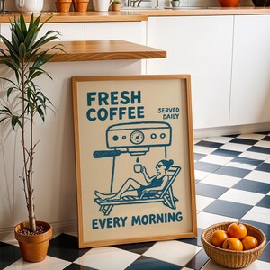 Fresh Coffee Poster – Blue Retro Coffee Print, Funny Coffee Wall Art ...