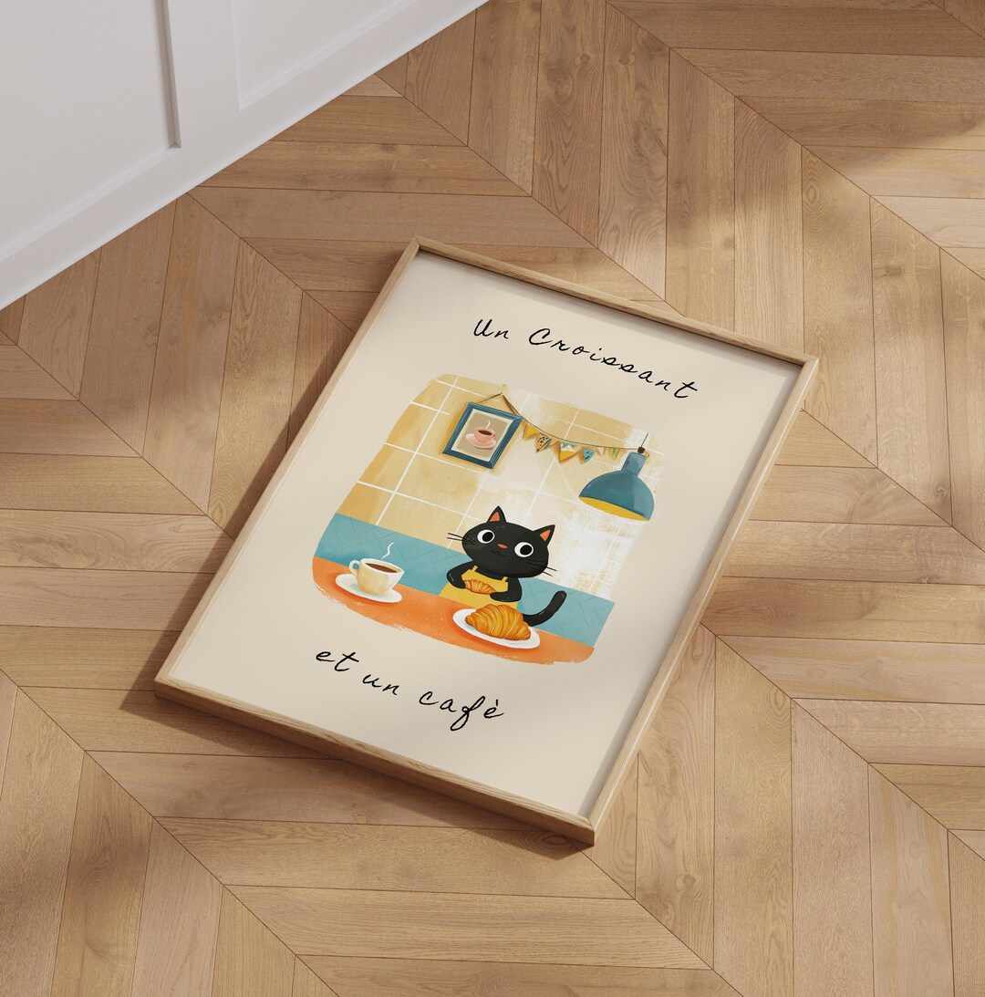 Un Croissant Et Un Café - Charming Cat Poster | Coffee Station Decor ...