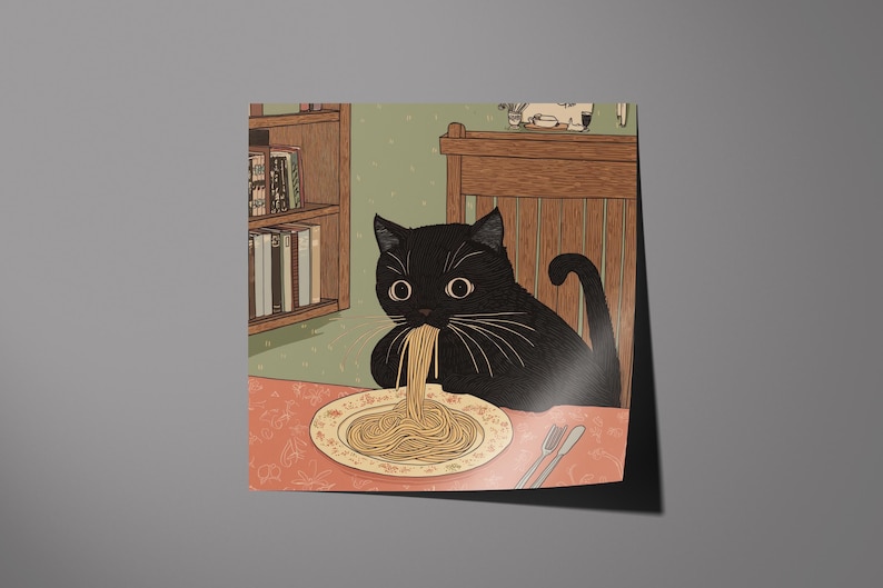 Cute Cat Eating Pasta, Colorful Poster Print, Black Cat Print, Cute ...