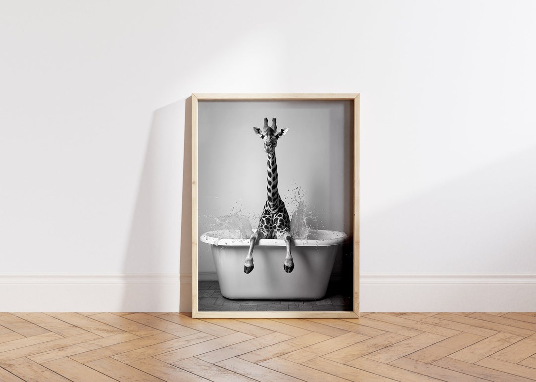 Funny Giraffe in Tub Print: Black and White Bathroom Animal Poster - Etsy