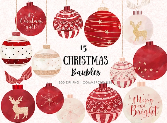 Watercolor Glitter Christmas Baubles Ornaments Clipart | Etsy