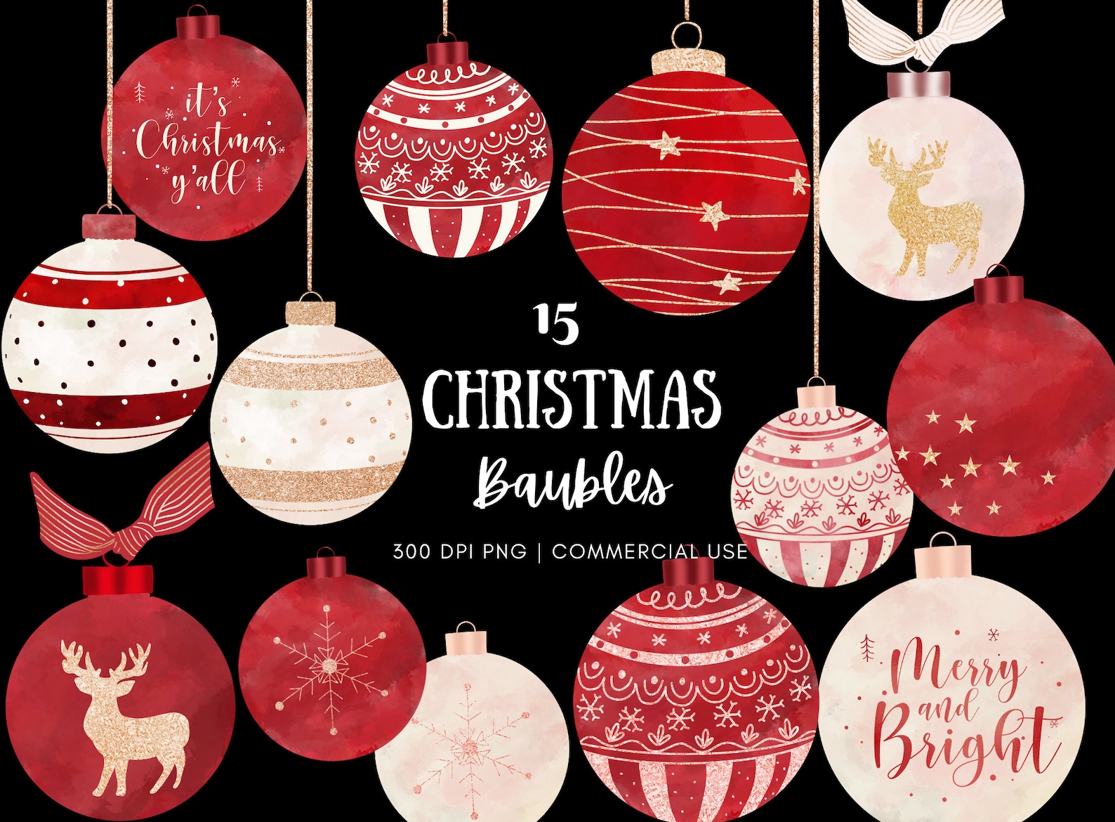 Watercolor Glitter Christmas Baubles Ornaments Clipart | Etsy