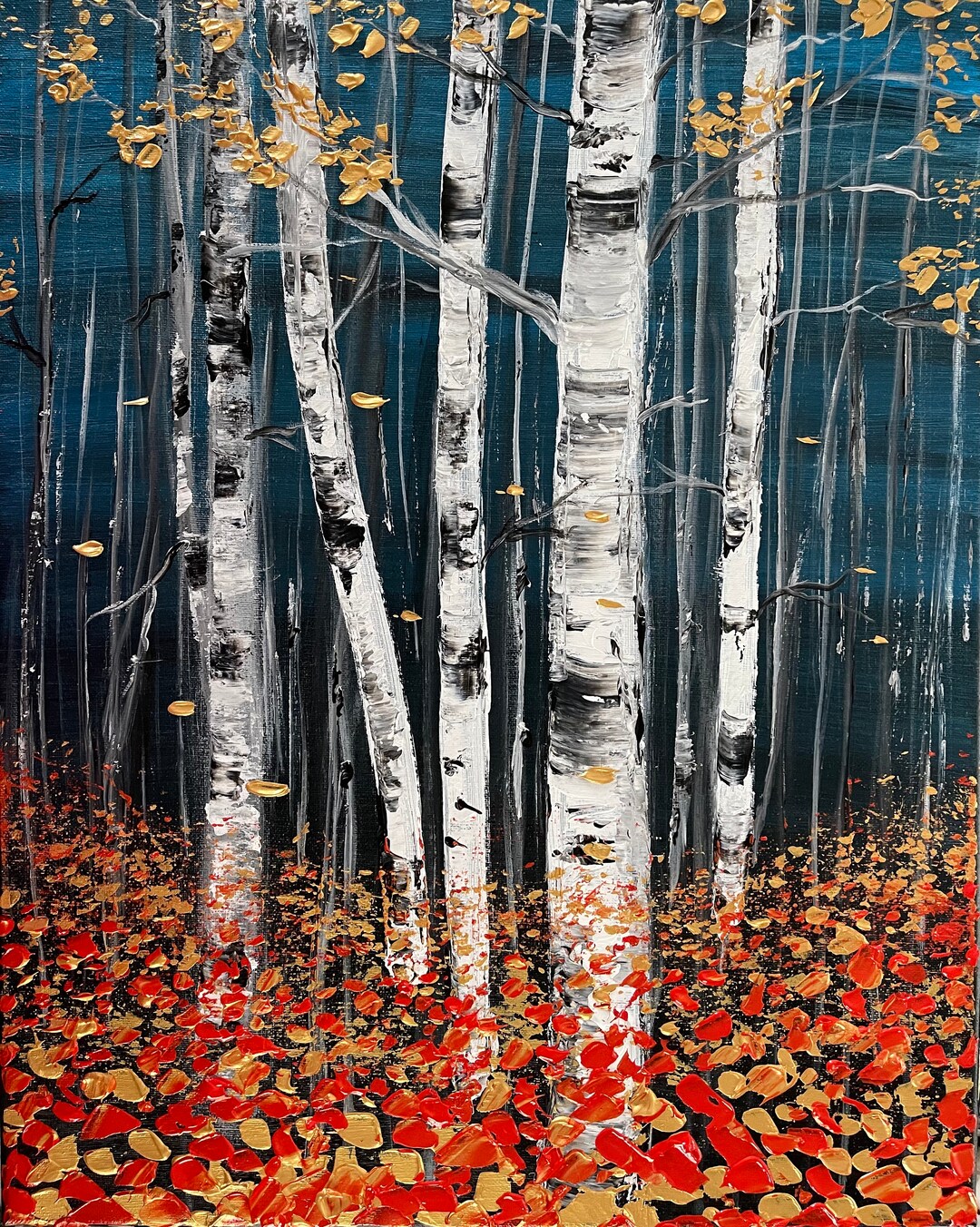 BIRCH TREES, Blue and Orange Birch Tree, Modern, Landscape, Original ...