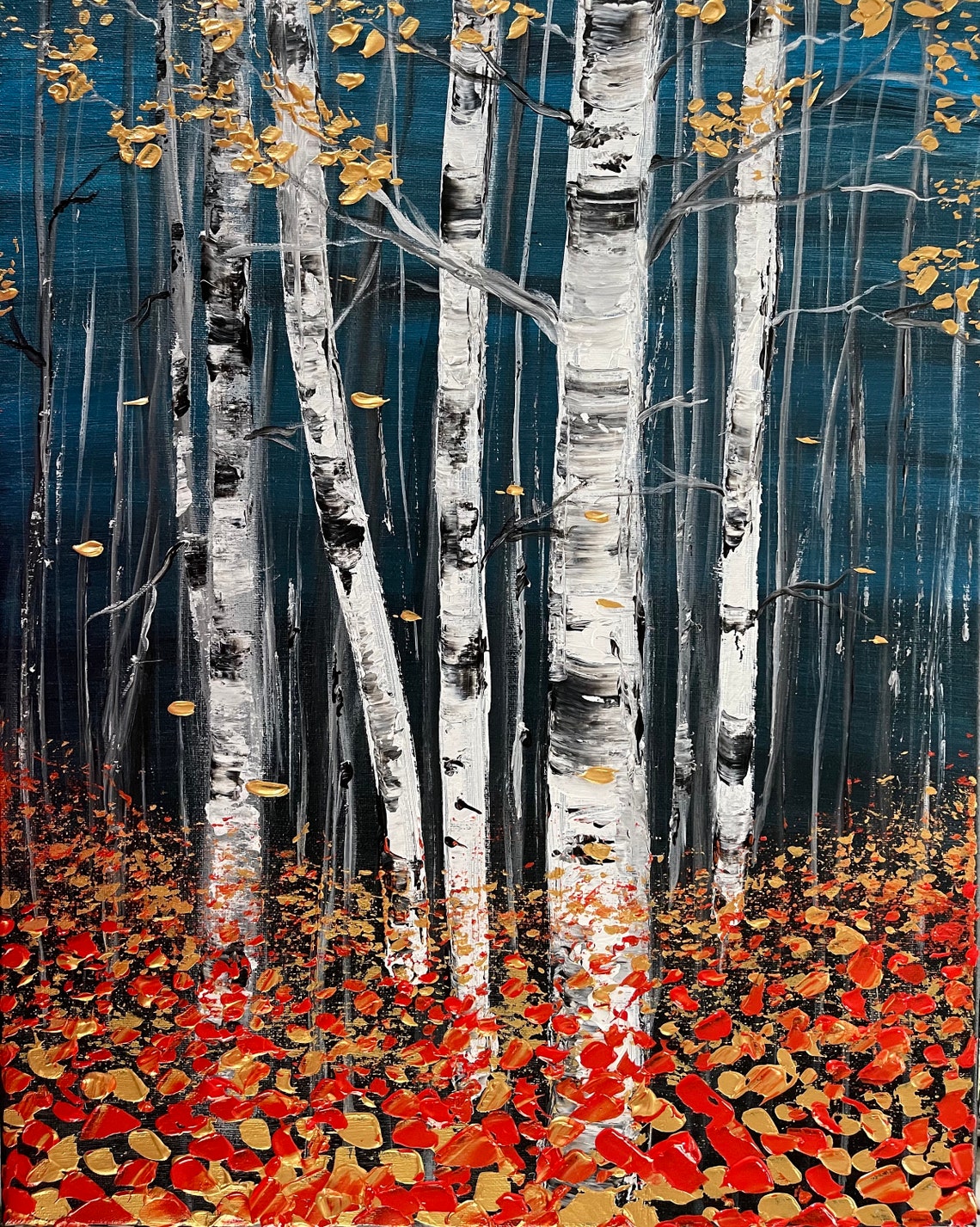 BIRCH TREES, Blue and Orange Birch Tree, Modern, Landscape, Original ...