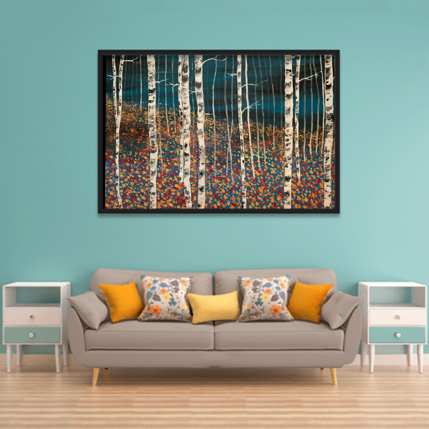 BIRCH TREES Blue and Orange Birch Tree Modern Landscape - Etsy