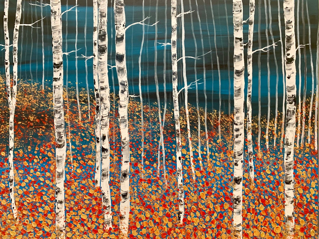 BIRCH TREES, Blue and Orange Birch Tree, Modern, Landscape, Original ...