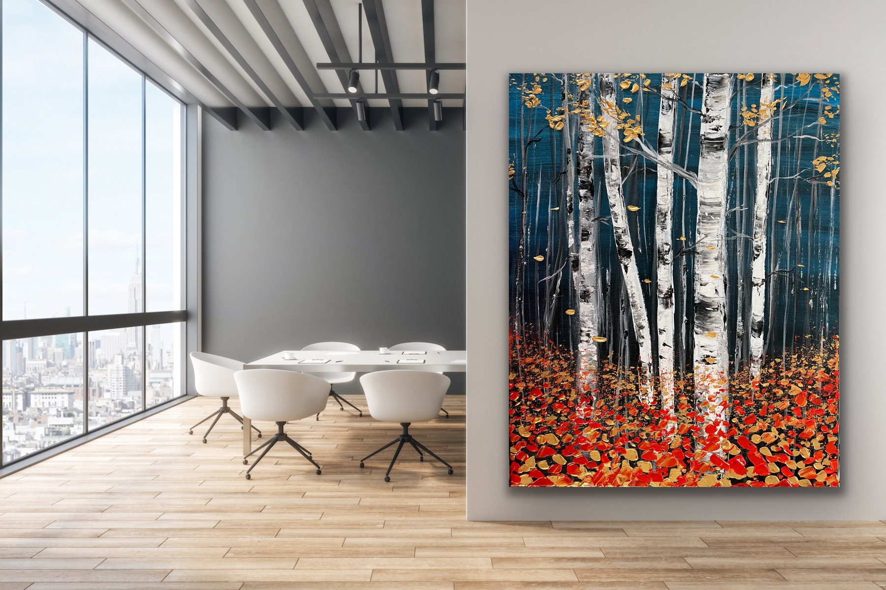 BIRCH TREES, Blue and Orange Birch Tree, Modern, Landscape, Original ...