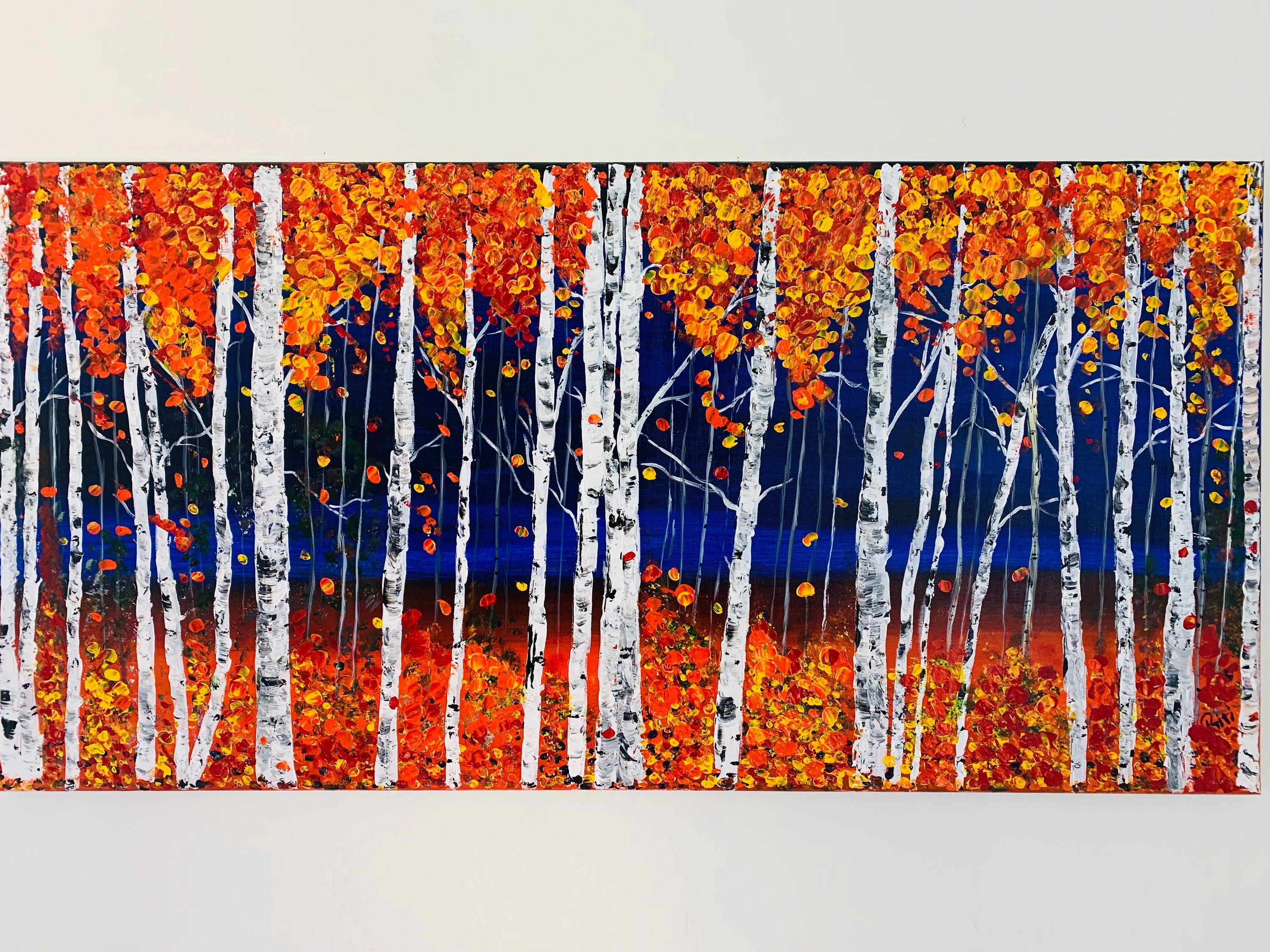 BIRCH TREE, Blue and Orange Birch Tree, Modern, Landscape, Original ...