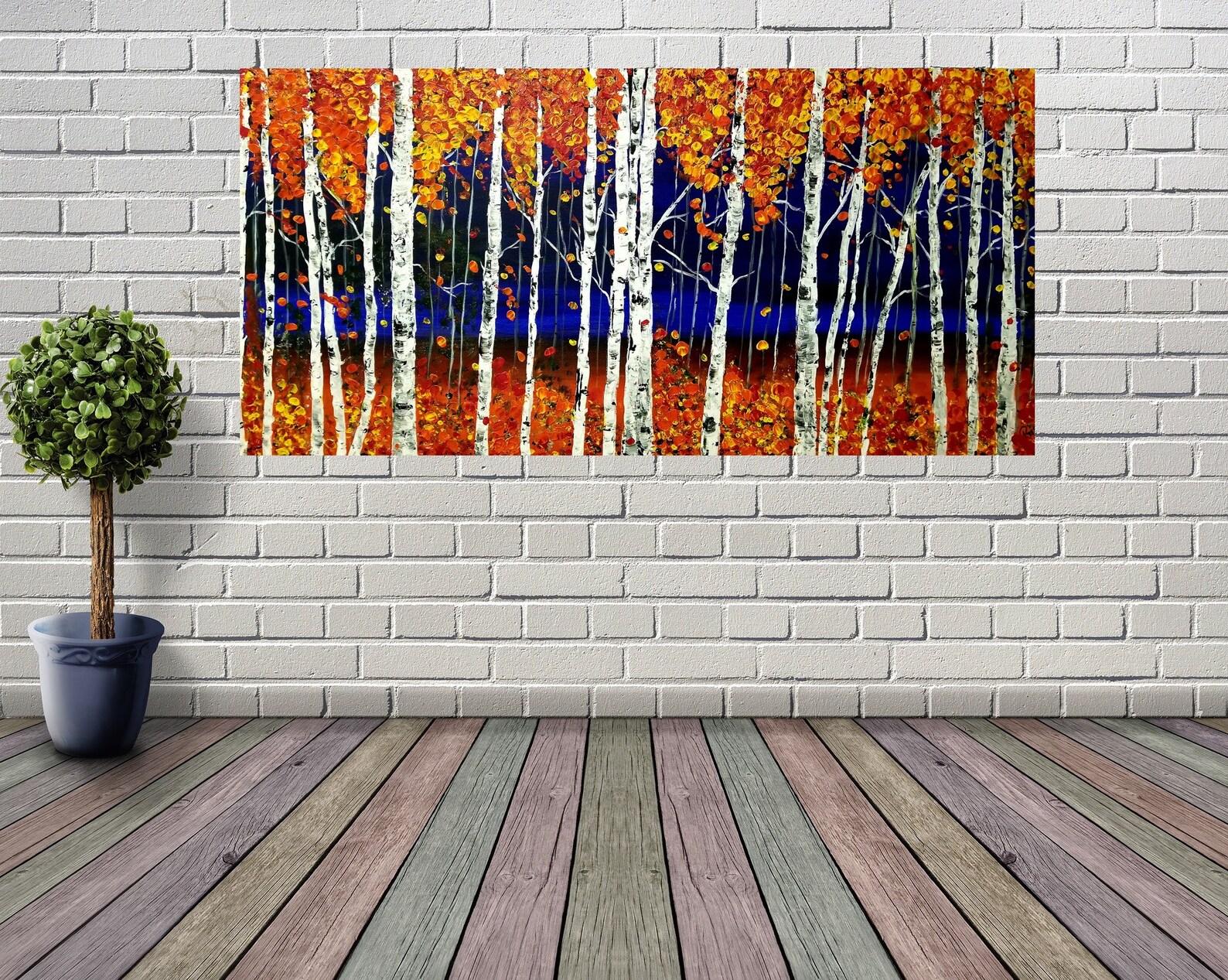 BIRCH TREE, Blue and Orange Birch Tree, Modern, Landscape, Original ...