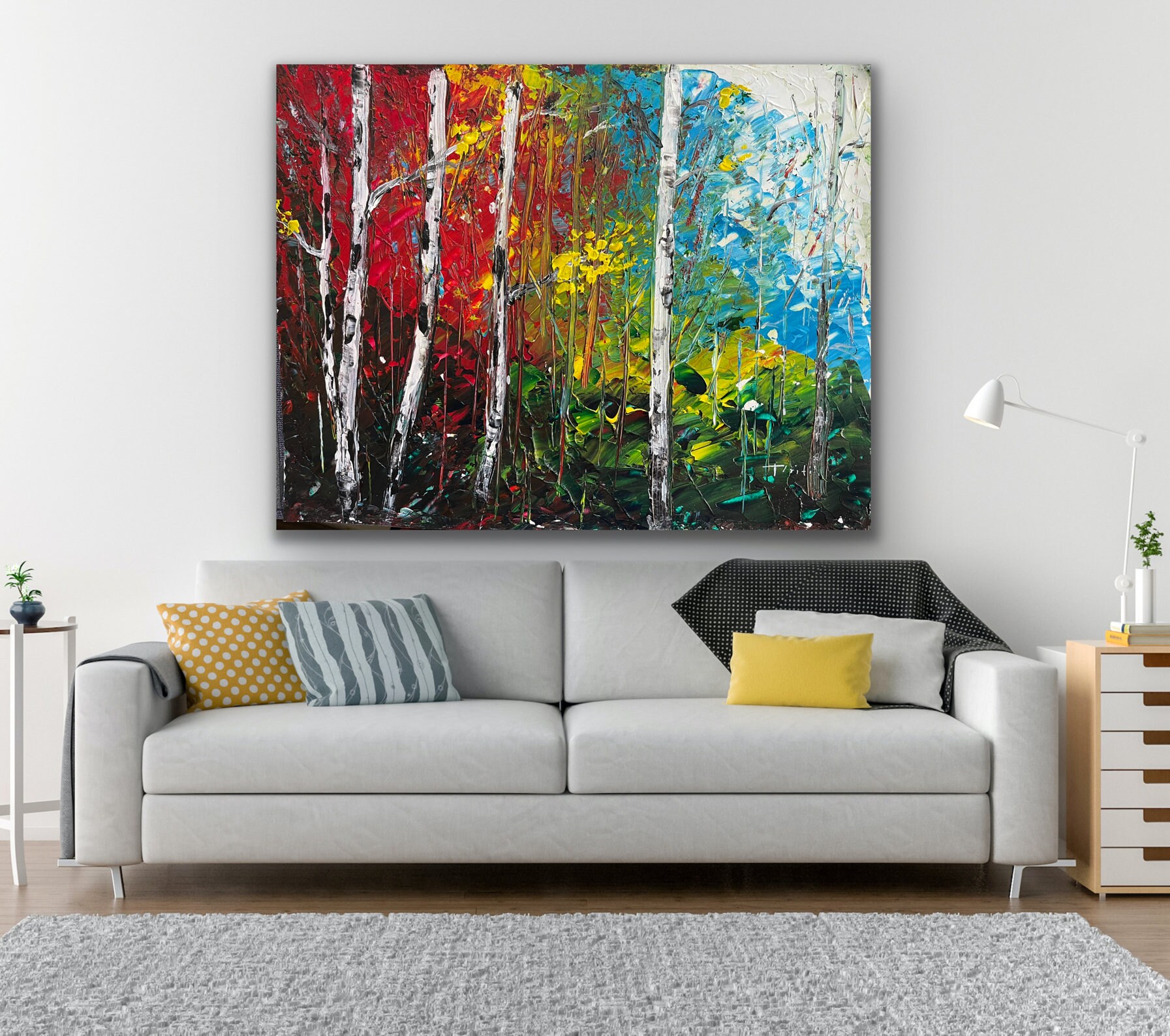 BIRCH TREES Original Modern Colorful Fall Painting on Canvas - Etsy