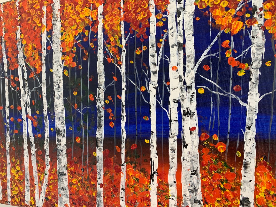 BIRCH TREE, Blue and Orange Birch Tree, Modern, Landscape, Original ...