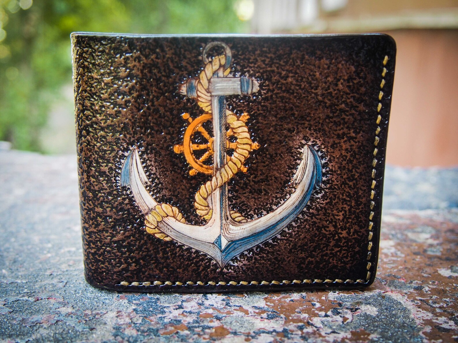 Hand Tooled Leather Wallet With Anchor Marine Wallet Gift | Etsy