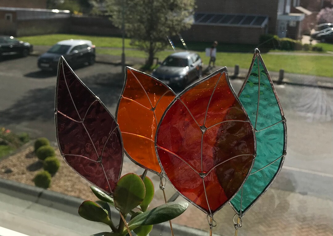 Stained Glass Leaf Pot Stakes - Etsy UK