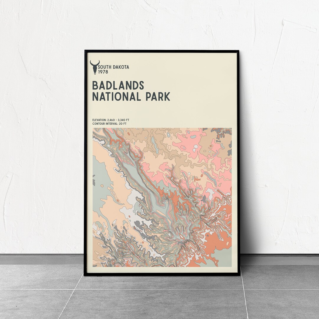 BADLANDS- National Parks Series - Topographic Contour Map - Fine Art ...