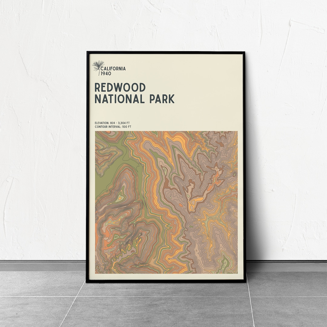 REDWOOD National Parks Series Topographic Contour Map Fine Art Giclée ...