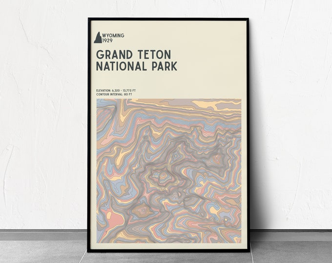 GRAND TETON National Parks Series Topographic Contour Map Fine Art ...