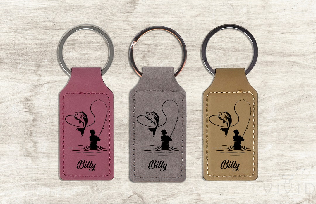 Laser Engraved Fishing Keychain for Men - Personalized Leather Keychain ...