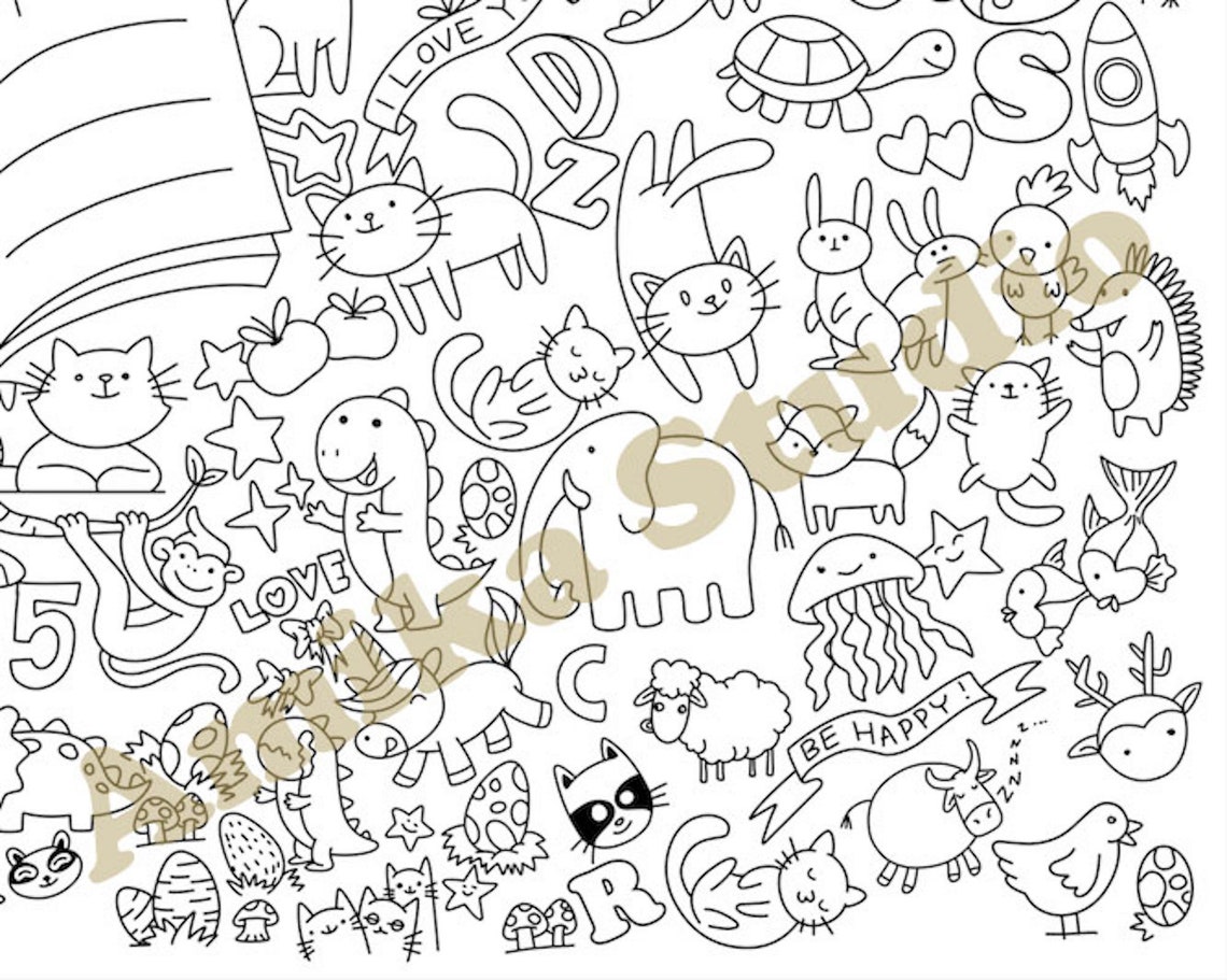 Animals Coloring Poster Giant Coloring Poster Doodle - Etsy