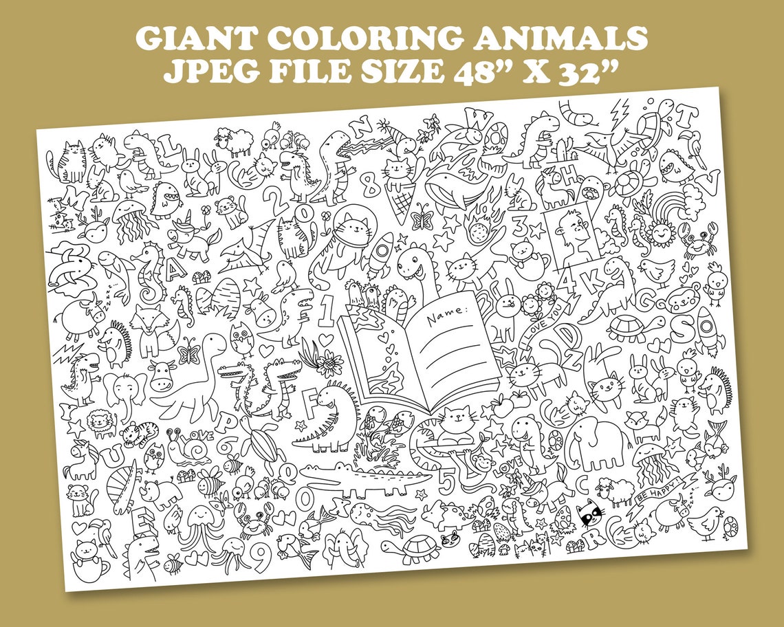 Animals Coloring Poster Giant Coloring Poster Doodle - Etsy