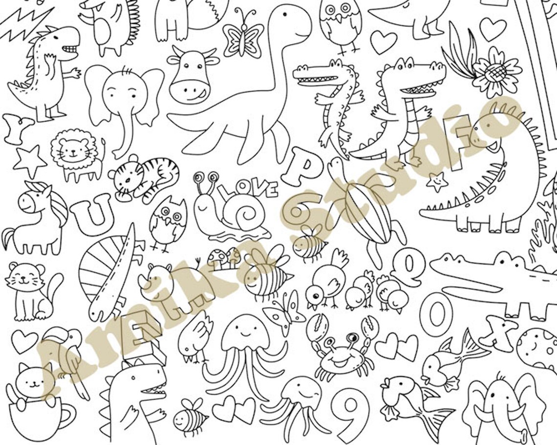 Animals Coloring Poster Giant Coloring Poster Doodle - Etsy