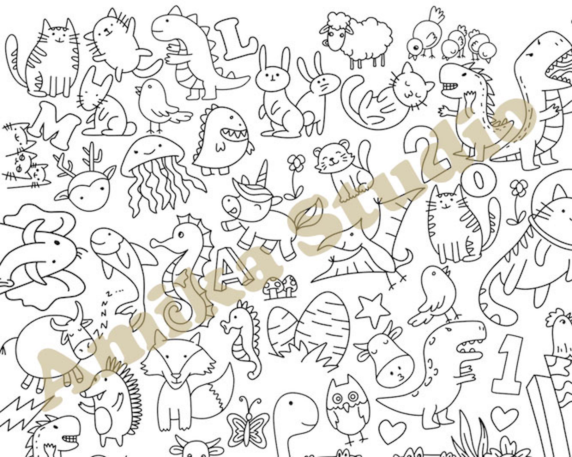 Animals Coloring Poster, Giant Coloring Poster, Doodle, Animals ...