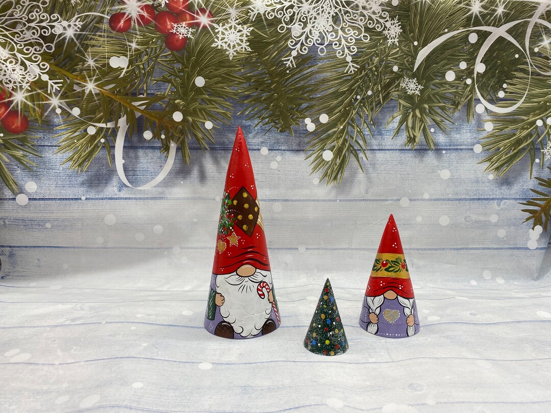 Christmas Cone Nesting Doll 7" 3 Pieces Hand Painted Wooden Matryoshka ...