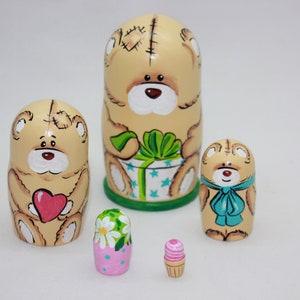 Teddy Bear Nesting Doll 4,1" 5 Pieces Hand Painted Wooden Stacking Doll ...