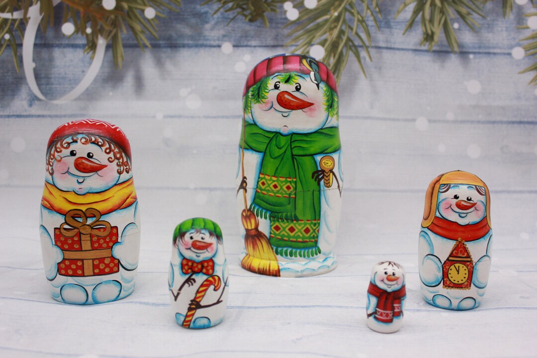 Snowman Nesting Doll 7" 5 Pieces Christmas Hand Painted Wooden Stacking ...