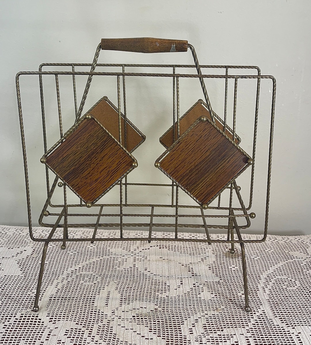 Vintage Wooden and Metal Magazine Holder Book Holder Newspaper Holder ...